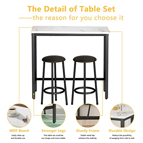 Hooseng Bar Table Set of 2, 39.3" Pub Height Table Set with Faux Marble Tabletop and 2 Round Stools, 3 Piece Kitchen Table Set Ideal for Dinner Room, Living Room, Breakfast Nook, Small Spaces, White