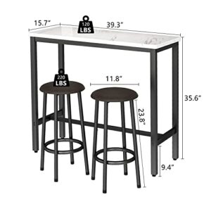 Hooseng Bar Table Set of 2, 39.3" Pub Height Table Set with Faux Marble Tabletop and 2 Round Stools, 3 Piece Kitchen Table Set Ideal for Dinner Room, Living Room, Breakfast Nook, Small Spaces, White