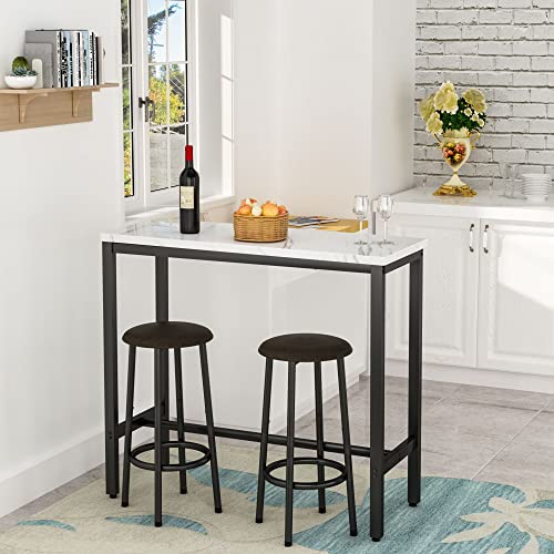 Hooseng Bar Table Set of 2, 39.3" Pub Height Table Set with Faux Marble Tabletop and 2 Round Stools, 3 Piece Kitchen Table Set Ideal for Dinner Room, Living Room, Breakfast Nook, Small Spaces, White