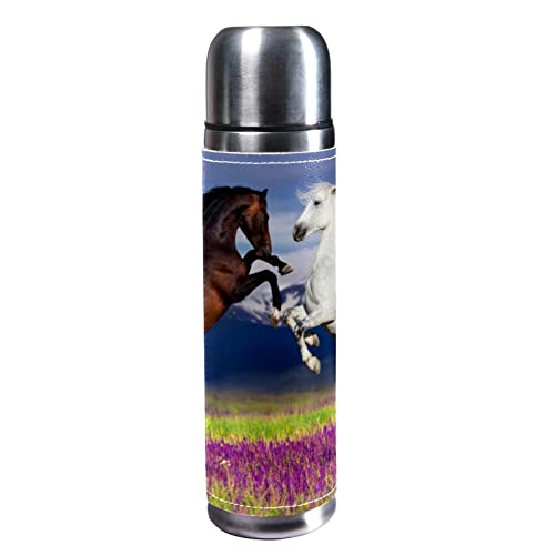 sdfsdfsd 17 oz Vacuum Insulated Stainless Steel Water Bottle Sports Coffee Travel Mug Flask Genuine Leather Wrapped BPA Free, Horse Pattern