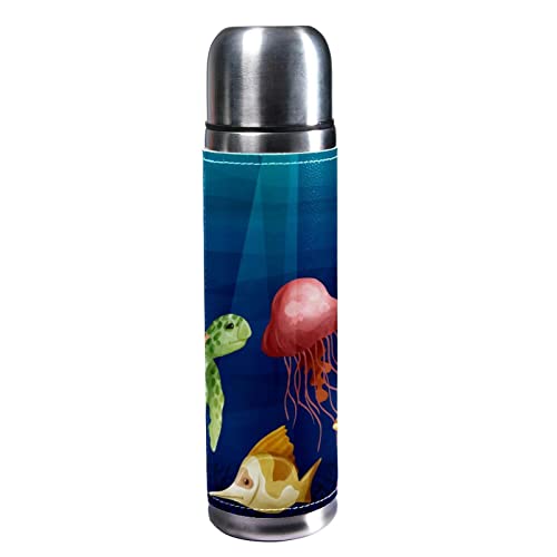 sdfsdfsd 17 oz Vacuum Insulated Stainless Steel Water Bottle Sports Coffee Travel Mug Flask Genuine Leather Wrapped BPA Free, Oceans Animals Sea Turtle and Fish