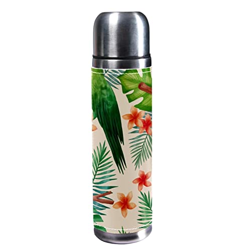 sdfsdfsd 17 oz Vacuum Insulated Stainless Steel Water Bottle Sports Coffee Travel Mug Flask Genuine Leather Wrapped BPA Free, Tropical Leaves Birds