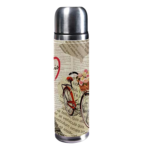 sdfsdfsd 17 oz Vacuum Insulated Stainless Steel Water Bottle Sports Coffee Travel Mug Flask Genuine Leather Wrapped BPA Free, Paris Vintage Newspaper Background