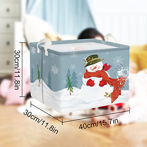 Clastyle Christmas Snowman Storage Bin Christmas Gift Wrap Ornament Storage Basket Blue Collapsible Christmas Snowflake Shelf Basket Rectangular Nursery Gift Basket for Toys,15.7 x11.8 x11.8 in