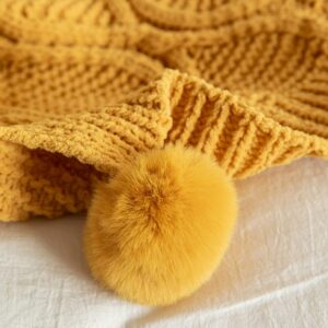 DONEUS Pom Pom Knit Blanket, Yellow Microfiber Soft Warm Handmade Knit Throw Blanket for Couch, Sofa, Chair, Office Super Soft Cable Knit Blankets -51x63 Inch