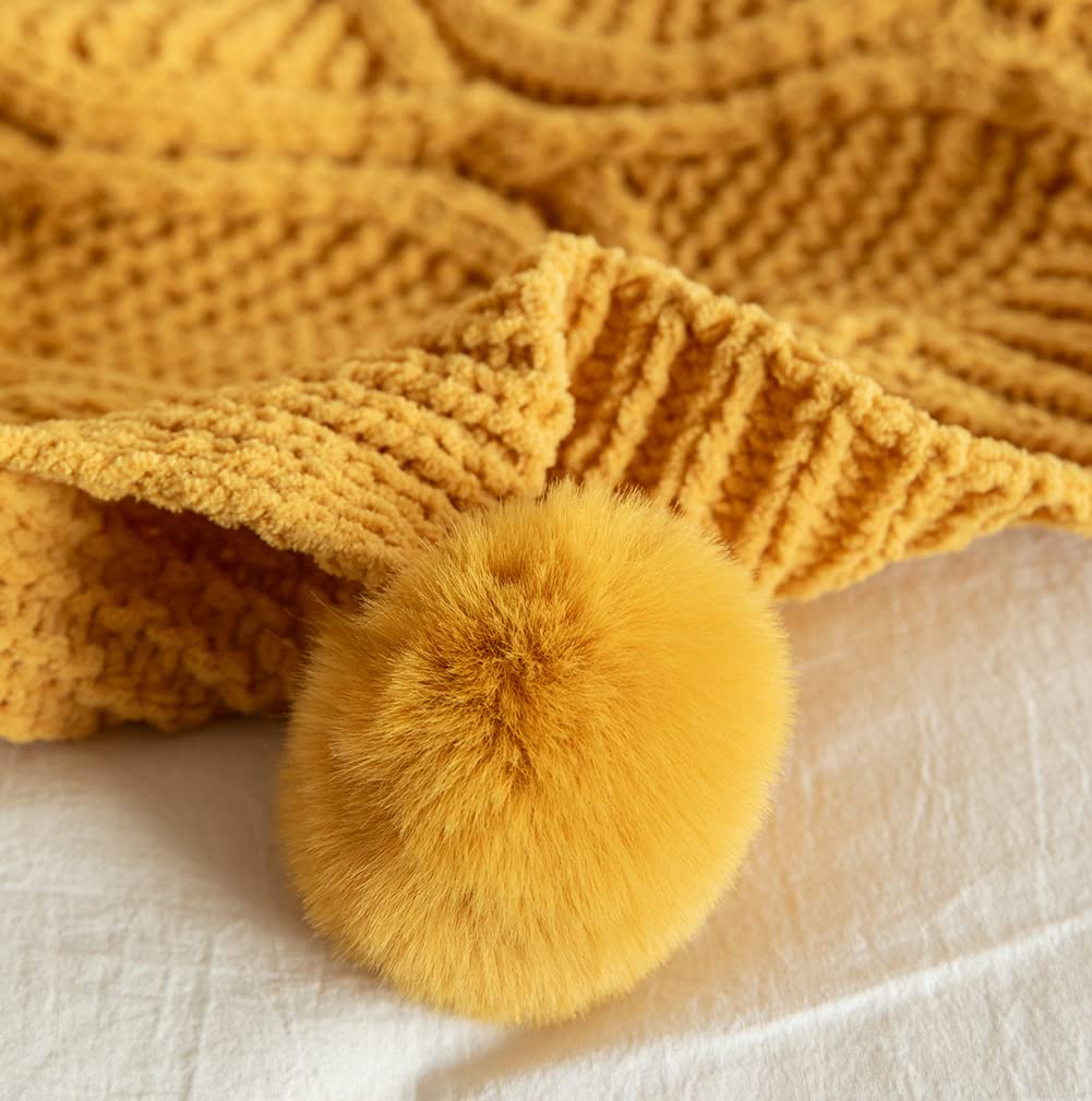 DONEUS Pom Pom Knit Blanket, Yellow Microfiber Soft Warm Handmade Knit Throw Blanket for Couch, Sofa, Chair, Office Super Soft Cable Knit Blankets -51x63 Inch