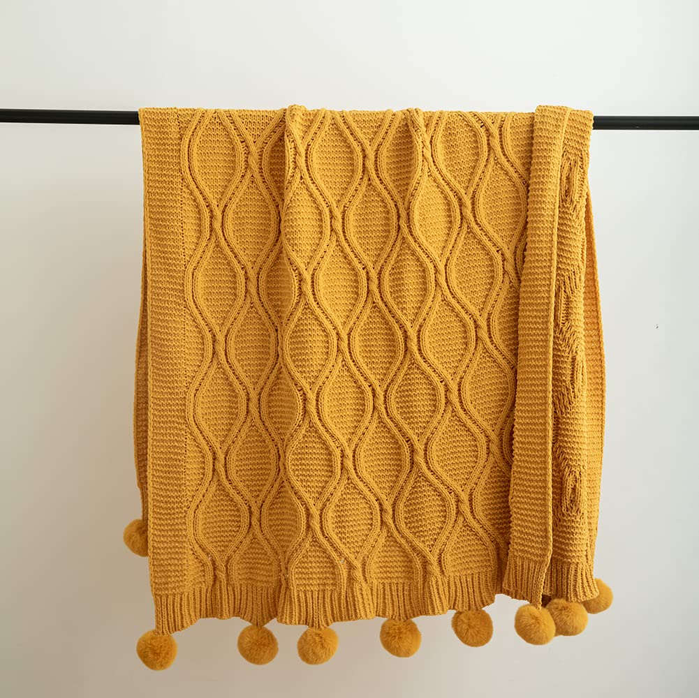 DONEUS Pom Pom Knit Blanket, Yellow Microfiber Soft Warm Handmade Knit Throw Blanket for Couch, Sofa, Chair, Office Super Soft Cable Knit Blankets -51x63 Inch