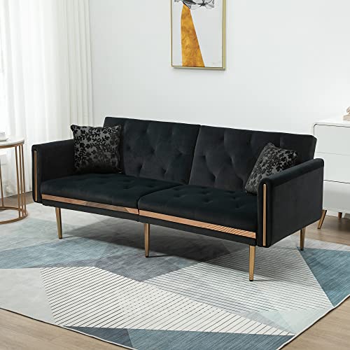 HomSof Black Loveseat Sleeper Bed, Small Couch for Bedroom, 2 Seater Mid Century Modern Velvet Sofa with Metal Legs