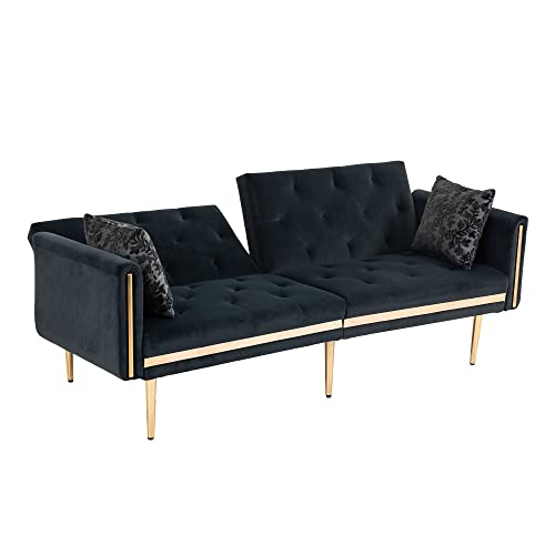 HomSof Black Loveseat Sleeper Bed, Small Couch for Bedroom, 2 Seater Mid Century Modern Velvet Sofa with Metal Legs