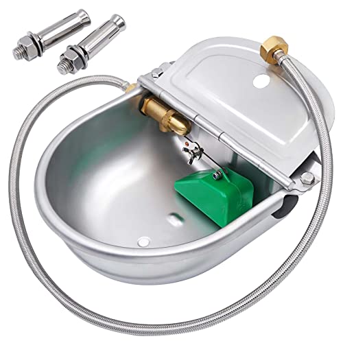 ZHEQOGZH Automatic Livestock Waterer Water Trough for Dog Pig Goat Chicken Stainless Steel Automatic Waterer Bowl with Float Valve Drain Plug Braided Hose-3/4 GHT (Brass Valve Bowl)