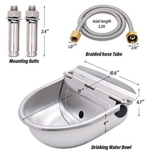 ZHEQOGZH Automatic Livestock Waterer Water Trough for Dog Pig Goat Chicken Stainless Steel Automatic Waterer Bowl with Float Valve Drain Plug Braided Hose-3/4 GHT (Brass Valve Bowl)