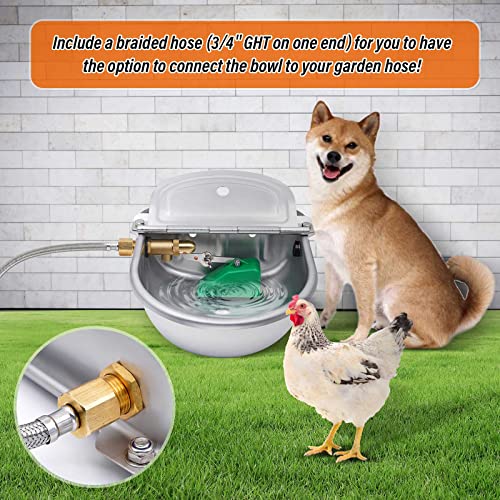 ZHEQOGZH Automatic Livestock Waterer Water Trough for Dog Pig Goat Chicken Stainless Steel Automatic Waterer Bowl with Float Valve Drain Plug Braided Hose-3/4 GHT (Brass Valve Bowl)