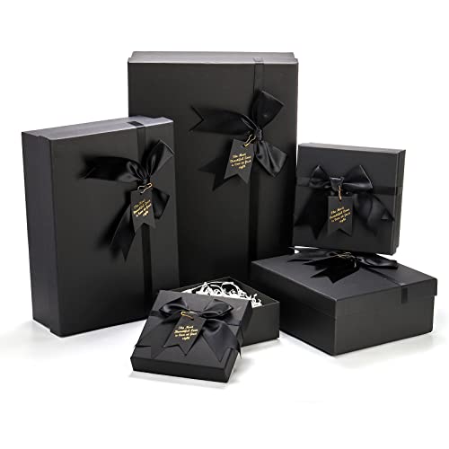 ZENFUN 5 Pack Black Nested Gift Boxes with Lid for Presents, 5 Sizes Luxury Packaging Box with Ribbon Bows and Label Gift Wrap for Birthday, Weddings, Housewarmings, Mother's Day 13.7'' to 5.1''