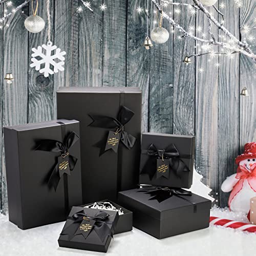 ZENFUN 5 Pack Black Nested Gift Boxes with Lid for Presents, 5 Sizes Luxury Packaging Box with Ribbon Bows and Label Gift Wrap for Birthday, Weddings, Housewarmings, Mother's Day 13.7'' to 5.1''