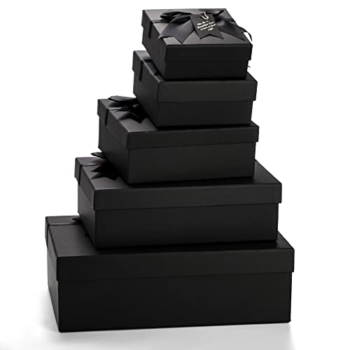 ZENFUN 5 Pack Black Nested Gift Boxes with Lid for Presents, 5 Sizes Luxury Packaging Box with Ribbon Bows and Label Gift Wrap for Birthday, Weddings, Housewarmings, Mother's Day 13.7'' to 5.1''