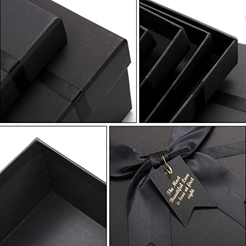 ZENFUN 5 Pack Black Nested Gift Boxes with Lid for Presents, 5 Sizes Luxury Packaging Box with Ribbon Bows and Label Gift Wrap for Birthday, Weddings, Housewarmings, Mother's Day 13.7'' to 5.1''