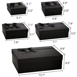 ZENFUN 5 Pack Black Nested Gift Boxes with Lid for Presents, 5 Sizes Luxury Packaging Box with Ribbon Bows and Label Gift Wrap for Birthday, Weddings, Housewarmings, Mother's Day 13.7'' to 5.1''