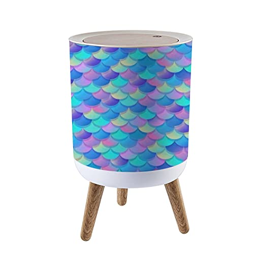 Small Trash Can with Lid Seamless Fish Scale Ornament Blue Purple Colors Garbage Bin Wood Waste Bin Press Cover Round Wastebasket for Bathroom Bedroom Diaper Office Kitchen