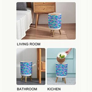 Small Trash Can with Lid Seamless Fish Scale Ornament Blue Purple Colors Garbage Bin Wood Waste Bin Press Cover Round Wastebasket for Bathroom Bedroom Diaper Office Kitchen