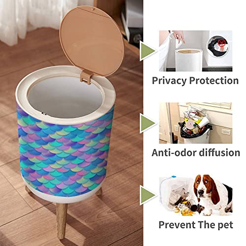 Small Trash Can with Lid Seamless Fish Scale Ornament Blue Purple Colors Garbage Bin Wood Waste Bin Press Cover Round Wastebasket for Bathroom Bedroom Diaper Office Kitchen