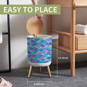 Small Trash Can with Lid Seamless Fish Scale Ornament Blue Purple Colors Garbage Bin Wood Waste Bin Press Cover Round Wastebasket for Bathroom Bedroom Diaper Office Kitchen