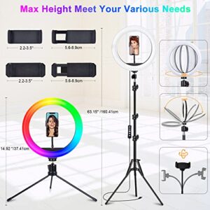 STALLY 10.2" Ring Light with Stand, 62" Tall Selfie Ring Light with Phone Holder and Wireless Remote, 12 Dimming Levels, 32 Color Modes Led Ring Light for Phone, Live Stream, Makeup, YouTube, TikTok