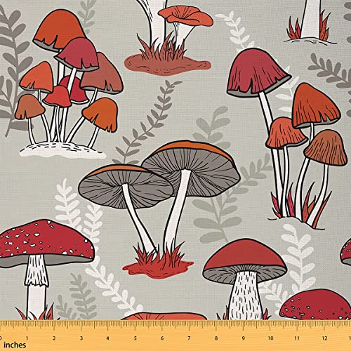 Mushroom Fabric by The Yard, Red Mushrooms Upholstery Fabric for Chairs, Botanical Leaves Decorative Fabric, Wild Plant Indoor Outdoor Fabric, Leaves Grass Waterproof Fabric, Grey Orange, 1 Yard