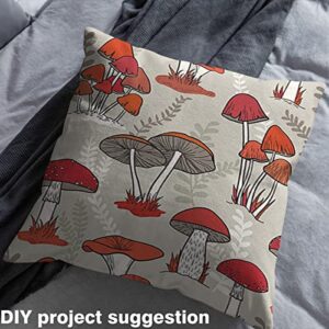 Mushroom Fabric by The Yard, Red Mushrooms Upholstery Fabric for Chairs, Botanical Leaves Decorative Fabric, Wild Plant Indoor Outdoor Fabric, Leaves Grass Waterproof Fabric, Grey Orange, 1 Yard