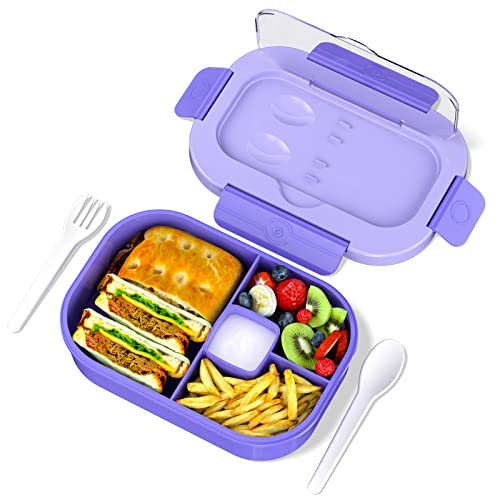 1300ML 4 Compartment Bento Box for Kids with Cutlery, Lunch Containers for Kids/Adults/Toddler, Microwave/Dishwasher/Refrigerator Safe, Leak Proof, BPA Free (Purple)