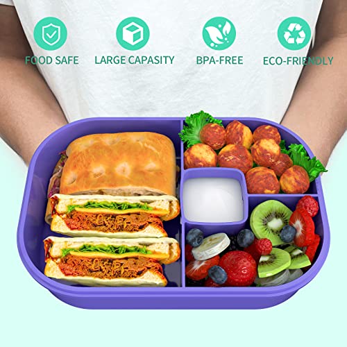 1300ML 4 Compartment Bento Box for Kids with Cutlery, Lunch Containers for Kids/Adults/Toddler, Microwave/Dishwasher/Refrigerator Safe, Leak Proof, BPA Free (Purple)