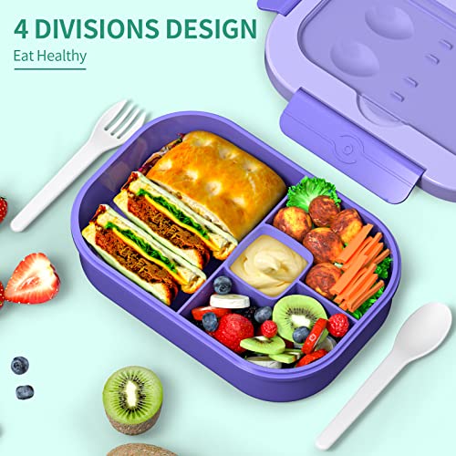 1300ML 4 Compartment Bento Box for Kids with Cutlery, Lunch Containers for Kids/Adults/Toddler, Microwave/Dishwasher/Refrigerator Safe, Leak Proof, BPA Free (Purple)