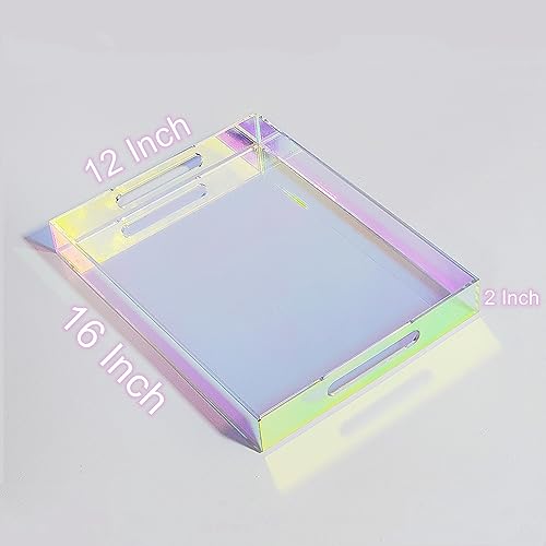 Iridescent Acrylic Serving Tray with Handles 16x12 Inch - Acrylic Tray Perfume Tray Spill Proof, Decorative Tray for Ottoman Coffee Table Countertop, Wedding Decor, Engagement, Dinner Desk