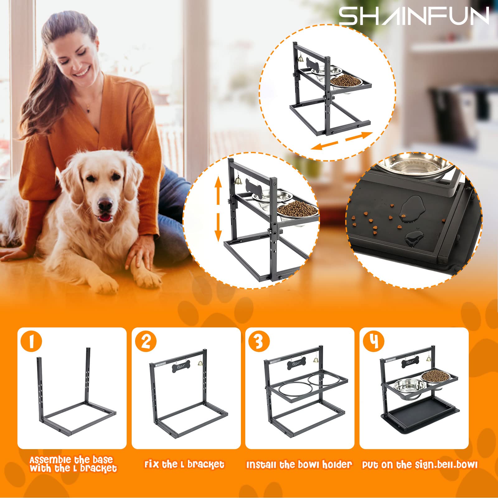 SHAINFUN Elevated Dog Bowls for Large Sized Dog,Raised Dog Bowl Stand Adjusable Height with Two 1.7L Stainless Steel Dog Food Bowls and Spill Proof Mat, Dog Bowls for Large and Medium Dogs.