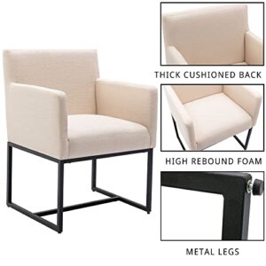 Wahson Set of 2 Linen Upholstered Modern Dining Chair with Arm, Contemporary Dining Room Chair with Black Metal Base, Cream Linen & Black Legs