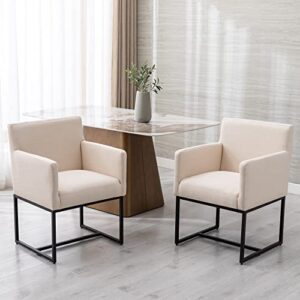 Wahson Set of 2 Linen Upholstered Modern Dining Chair with Arm, Contemporary Dining Room Chair with Black Metal Base, Cream Linen & Black Legs