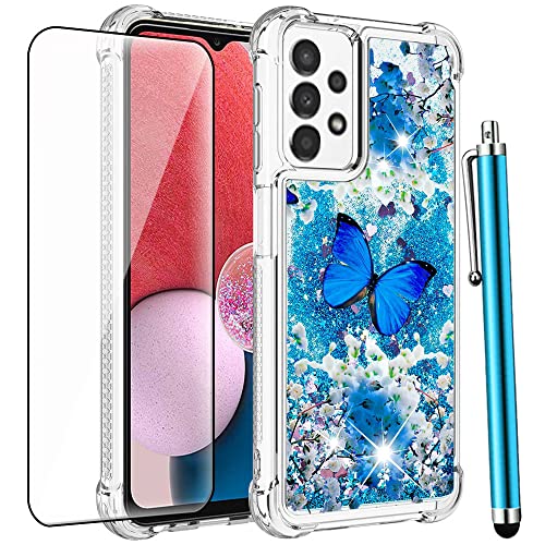 CAIYUNL for Samsung Galaxy A13 4G Case [Not fit A13 5G]with Screen Protector,Girls Women Cute Glitter Liquid Floating Soft TPU Shockproof Protective Phone Case for Samsung Galaxy A13 4G-Blue Butterfly