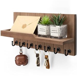 rebee vision key holder for wall - farmhouse rustic mail organizer floating shelf for home kitchen entryway decor with 7 sturdy key hooks (retro brown)