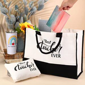 Sieral 3 Pcs Teacher Gifts for Women Best Teacher Ever Teacher Tote Bag Stainless Steel Tumble 20oz Canvas Makeup Bags Zippered Pouch Teacher Teacher Appreciation Gifts for Teachers Women