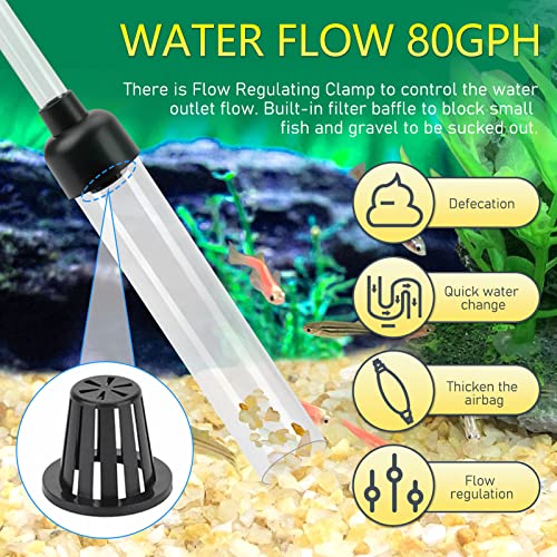 fishkeeper Aquarium Vacuum Gravel Cleaner, 80GPH/256GPH Fish Tank Siphon Gravel Cleaner Kit Sand Cleaner/Water Changer/Remove Dirt with Hanging Clip & Flow Control Clamp