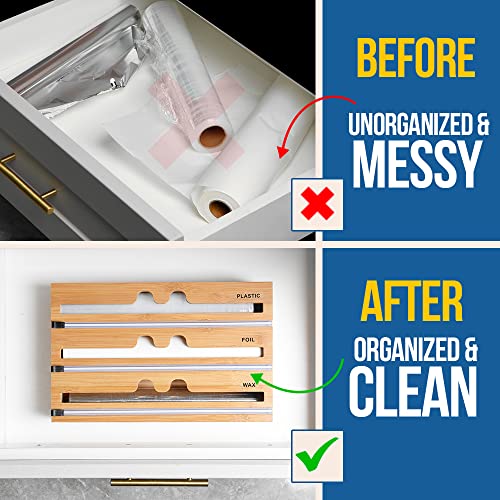 3 in 1 Plastic Wrap Dispenser with Cutter & Labels, Plastic Wrap, Wax Paper & Aluminum Foil Dispenser for Kitchen Storage Organization, Natural Bamboo Roll Organizer Holder for Kitchen Drawer