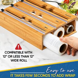 3 in 1 Plastic Wrap Dispenser with Cutter & Labels, Plastic Wrap, Wax Paper & Aluminum Foil Dispenser for Kitchen Storage Organization, Natural Bamboo Roll Organizer Holder for Kitchen Drawer