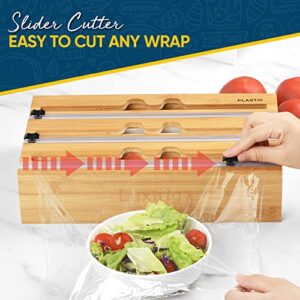 3 in 1 Plastic Wrap Dispenser with Cutter & Labels, Plastic Wrap, Wax Paper & Aluminum Foil Dispenser for Kitchen Storage Organization, Natural Bamboo Roll Organizer Holder for Kitchen Drawer