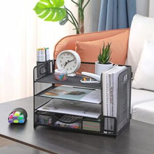 Mesh Desk Organizer, 4-Tier Desk File Organizer with Drawer and 2 Pen Holders, Multifunction Paper Tray Organizer, Desk Organizers and Accessories for Home Office Supplies, Black