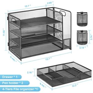 Mesh Desk Organizer, 4-Tier Desk File Organizer with Drawer and 2 Pen Holders, Multifunction Paper Tray Organizer, Desk Organizers and Accessories for Home Office Supplies, Black