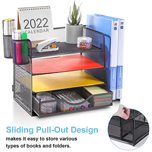 Mesh Desk Organizer, 4-Tier Desk File Organizer with Drawer and 2 Pen Holders, Multifunction Paper Tray Organizer, Desk Organizers and Accessories for Home Office Supplies, Black