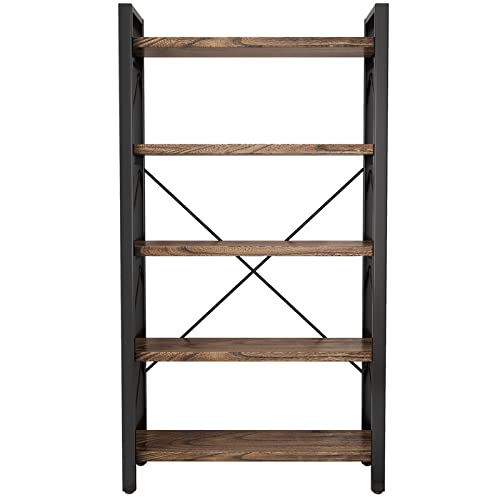 LZ-DONGMAN 5 Tier Bookshelf Rustic Solid Wood Industrial Style Bookcase,Metal and Real Wood Vintage Bookshelf,Book Shelves Home Office, Retro Brown,Dark Matching credenza(LZ01-05tier)