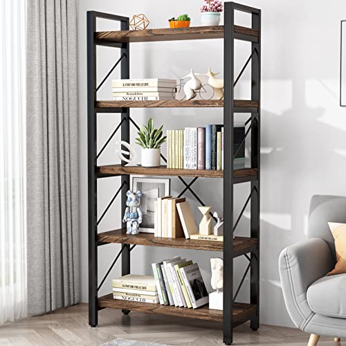 LZ-DONGMAN 5 Tier Bookshelf Rustic Solid Wood Industrial Style Bookcase,Metal and Real Wood Vintage Bookshelf,Book Shelves Home Office, Retro Brown,Dark Matching credenza(LZ01-05tier)