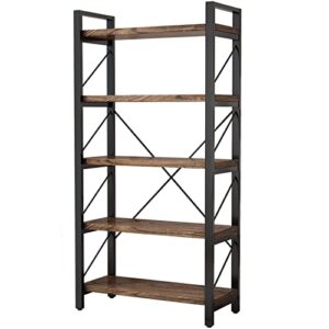 LZ-DONGMAN 5 Tier Bookshelf Rustic Solid Wood Industrial Style Bookcase,Metal and Real Wood Vintage Bookshelf,Book Shelves Home Office, Retro Brown,Dark Matching credenza(LZ01-05tier)