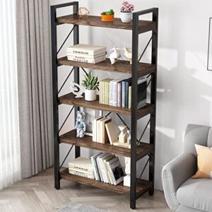 LZ-DONGMAN 5 Tier Bookshelf Rustic Solid Wood Industrial Style Bookcase,Metal and Real Wood Vintage Bookshelf,Book Shelves Home Office, Retro Brown,Dark Matching credenza(LZ01-05tier)