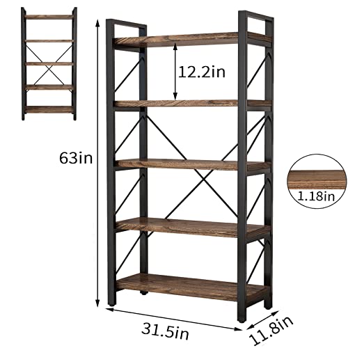 LZ-DONGMAN 5 Tier Bookshelf Rustic Solid Wood Industrial Style Bookcase,Metal and Real Wood Vintage Bookshelf,Book Shelves Home Office, Retro Brown,Dark Matching credenza(LZ01-05tier)